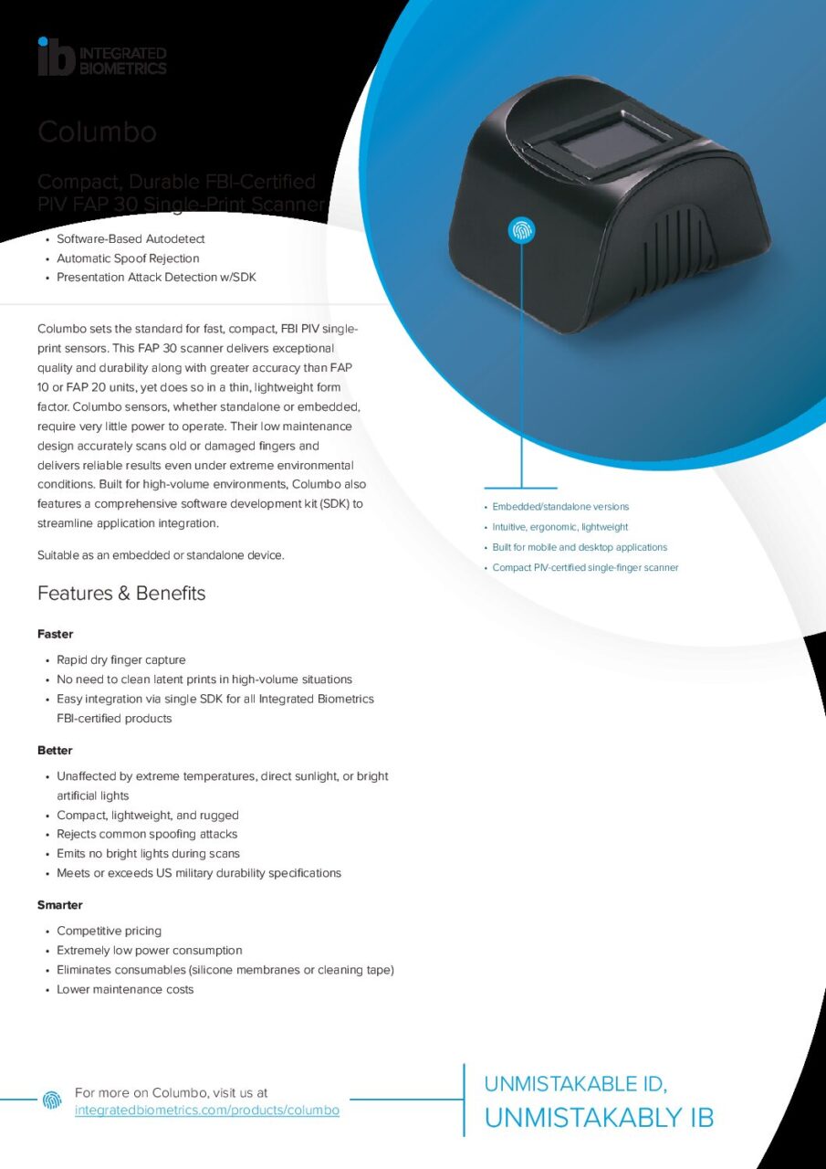 IB_DS_Columbo1.0_A4 - Integrated Biometrics