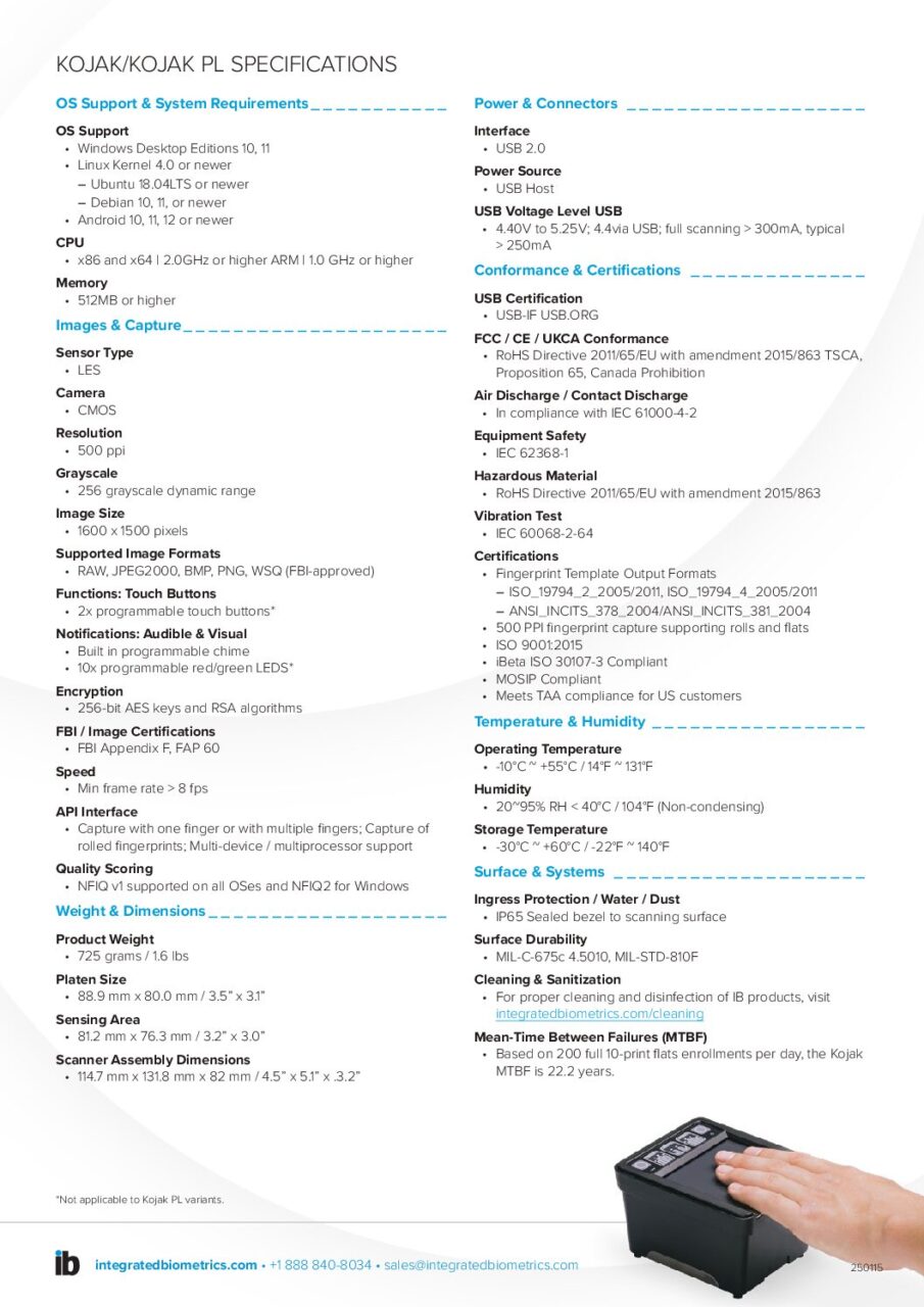 IB_DS_Kojak_A4-specs - Integrated Biometrics