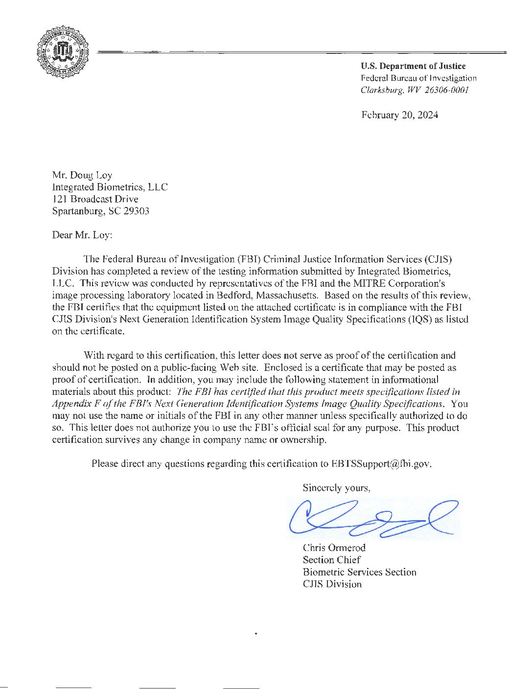 Mannix FBI Certification 24-03-27 - Integrated Biometrics